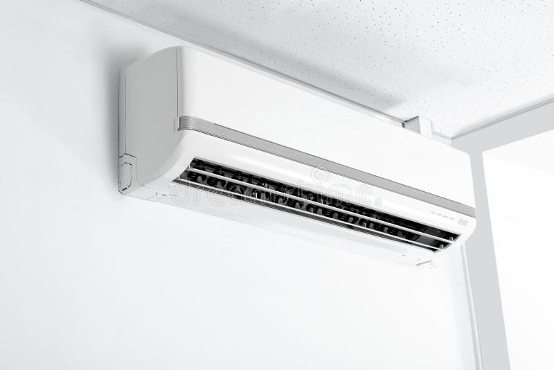 Modern Air Conditioner on White Wall Indoors Stock Image - Image of ...