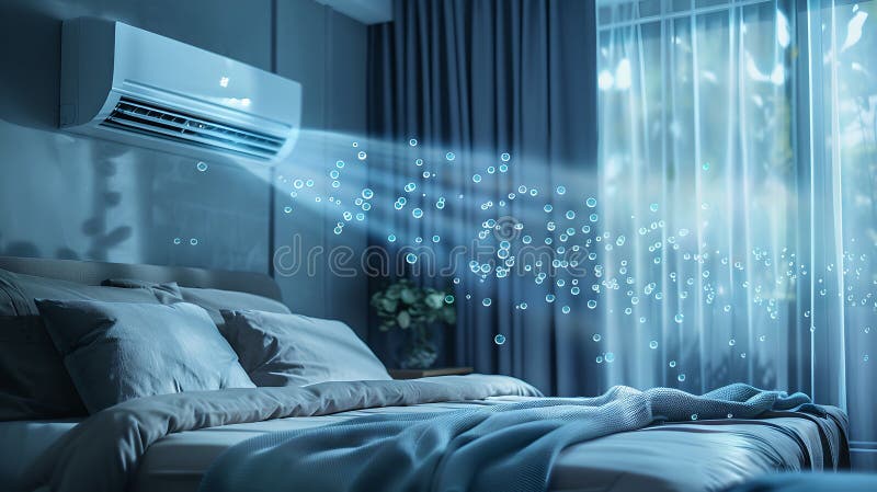Modern Air Conditioning in a Cozy Bedroom during Nighttime. Comfortable ...