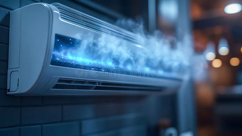 A Modern Air Conditioning Unit Emitting a Cold Mist, Set Against a Dark ...