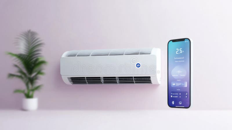Modern Air Conditioning Unit Mounted on a Wall beside a Smartphone ...