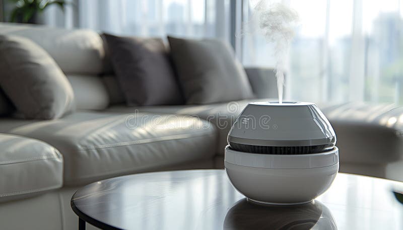 Modern Air Humidifier on Table at Home Stock Image - Image of steam ...