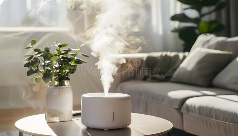 Modern Air Humidifier on Table at Home Stock Photo - Image of house ...