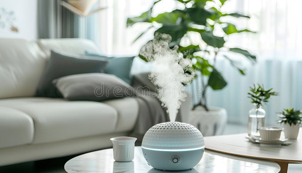 Modern Air Humidifier on Table at Home Stock Photo - Image of plant ...