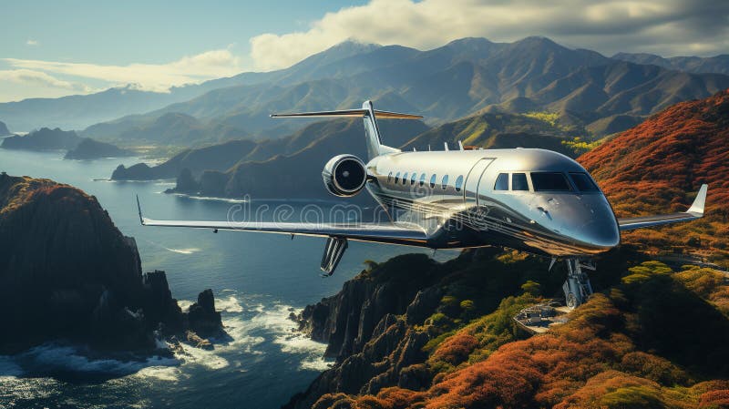 A Modern Aircraft Flying on Ocean and Mountains of Futuristic ...