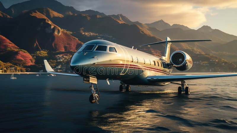 A Modern Aircraft Flying on Ocean and Mountains of Futuristic ...