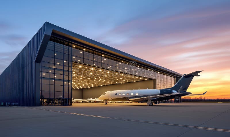 Modern Aircraft Hangar with Private Jet Stock Image - Image of ...