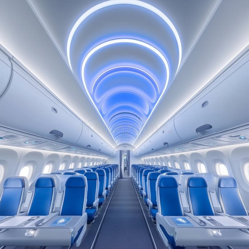 Modern Airplane Cabin Interior, Empty Seats, Blue LED Lighting, and ...
