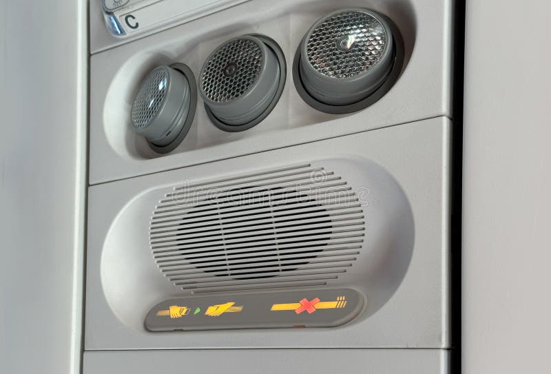 Modern Airplane Cabin Interior, Overhead Panel with Seatbelt and Call ...