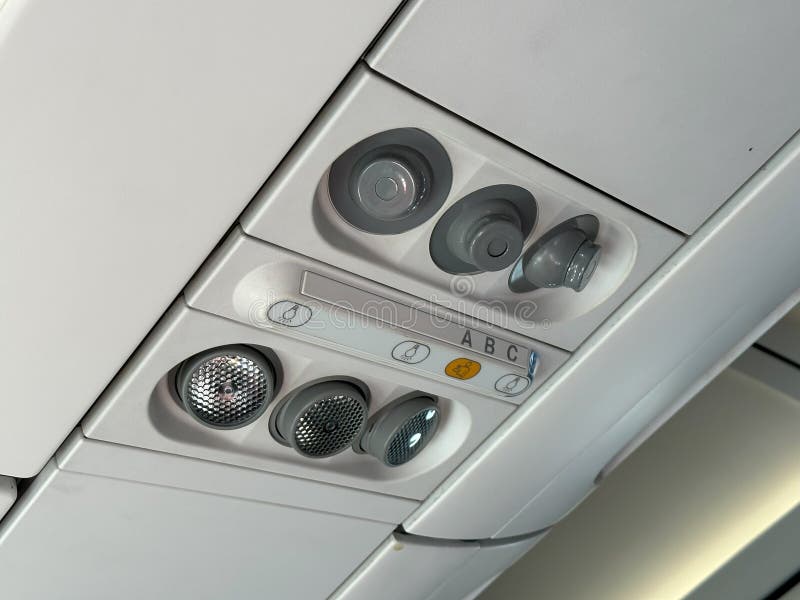 Modern Airplane Cabin Interior, Overhead Panel with Seatbelt and Call ...
