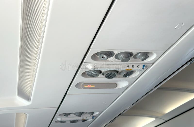 Modern Airplane Cabin Interior, Overhead Panel with Seatbelt and Call ...