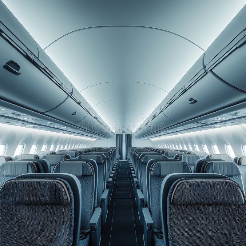 Modern Airplane Cabin Interior Rows of Patterned Seats and Bright ...