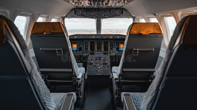 Modern Airplane Cockpit Interior View Empty Pilot Seats Control Panel ...