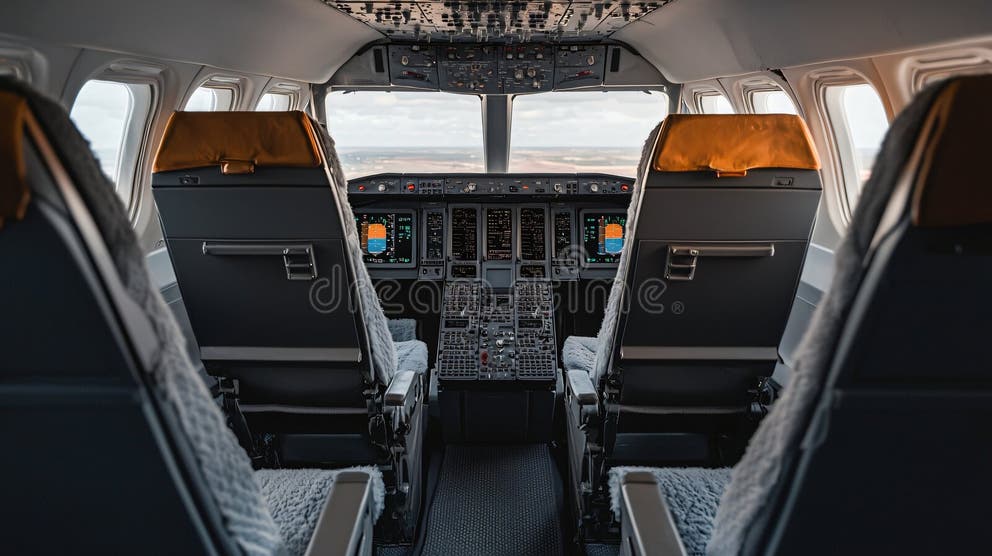 Modern Airplane Cockpit Interior View Empty Pilot Seats Control Panel ...