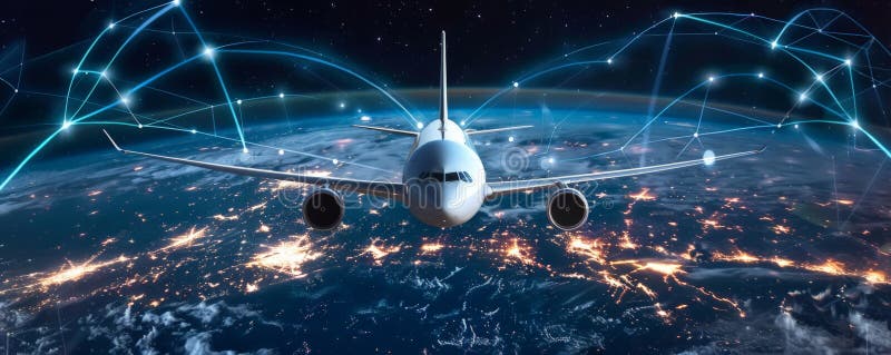 A Modern Airplane Flying Over a Digitally Connected Earth, Representing ...