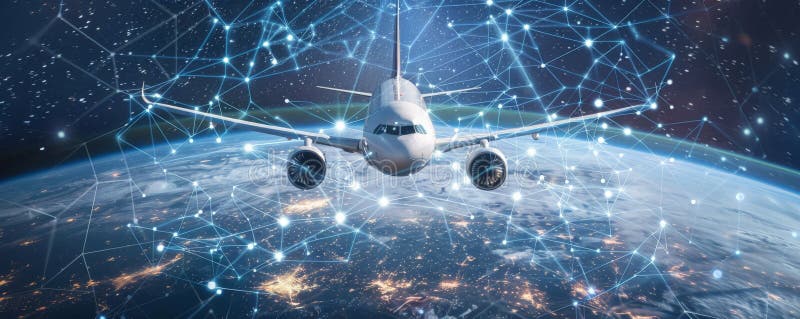 A Modern Airplane Flying Over a Digitally Connected Earth, Representing ...