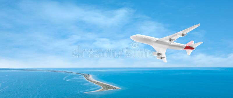 Modern Airplane Flying in Sky Over Ocean, Banner Design Stock Image ...