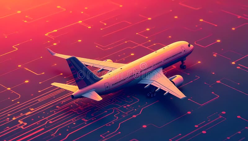 A Modern Airplane Model Rests on a Digital Circuit Board, Symbolizing ...