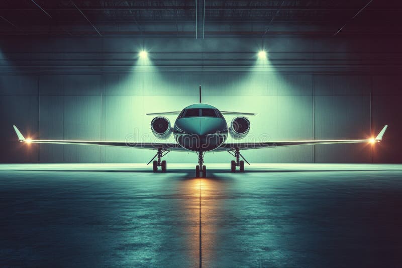 Modern Airplane Parked Inside a Spacious Hangar with Dramatic Lighting ...