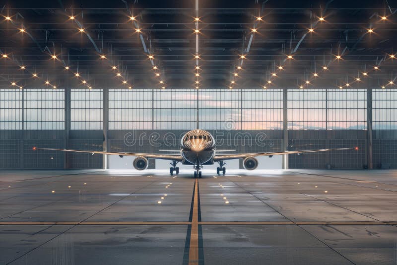 Modern Airplane Standing Inside Spacious Hangar at Sunset Stock Image ...
