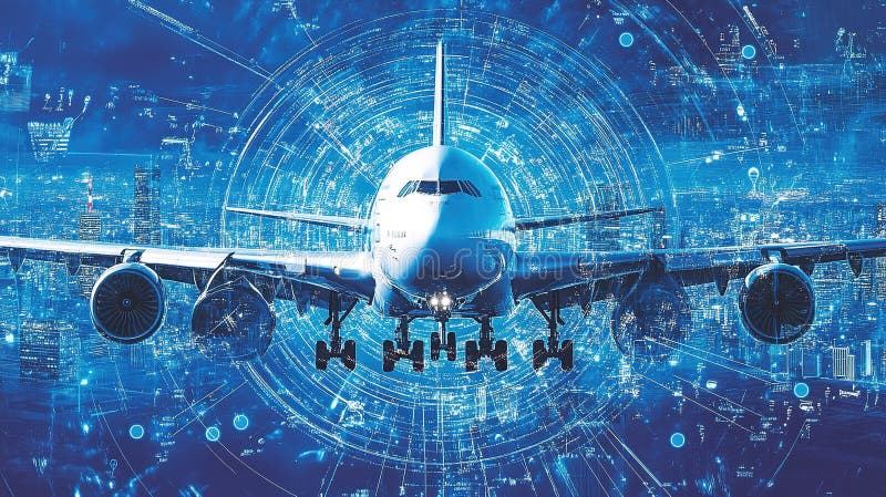 A Modern Airplane Surrounded by Digital Elements Depicting Technology ...