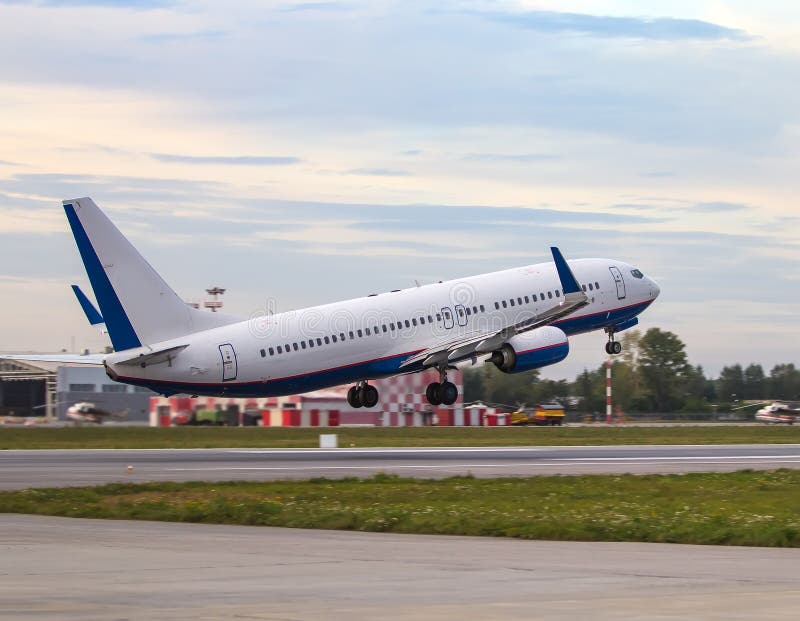 Modern Airplane Take Off Close-up Rear View Summer Evening Stock Photo ...
