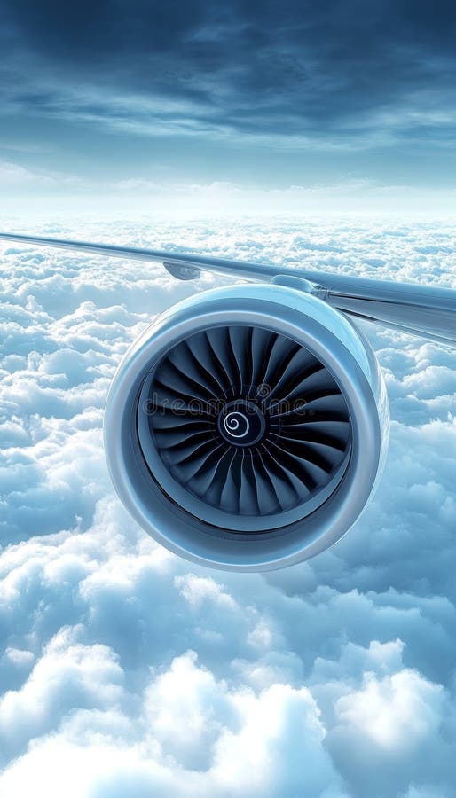 Modern Airplane Turbine Jet Engine on Wing Against Backdrop Cloudy Sky ...