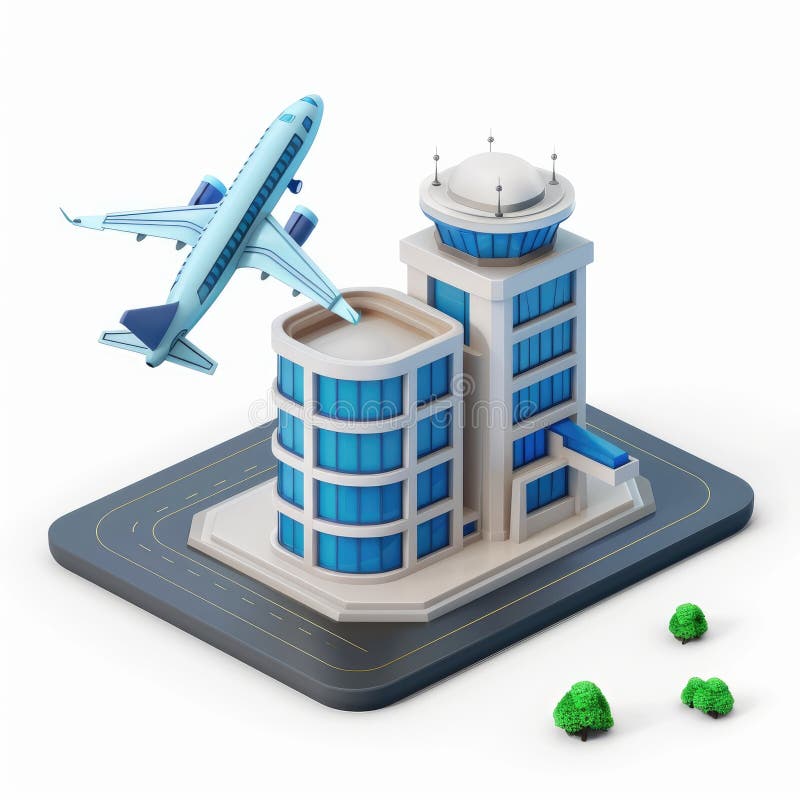 Airplane Approaching Airport Control Tower: Isometric 3D Render Stock ...
