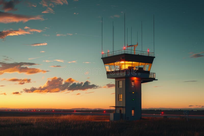 Modern Airport Control Tower Standing on Airfield at Sunset Stock Image ...