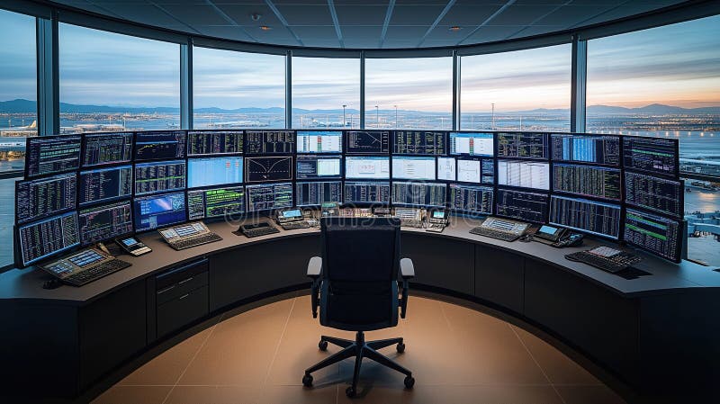 Modern Airport Flight Control Center with Panoramic Windows. Tech ...