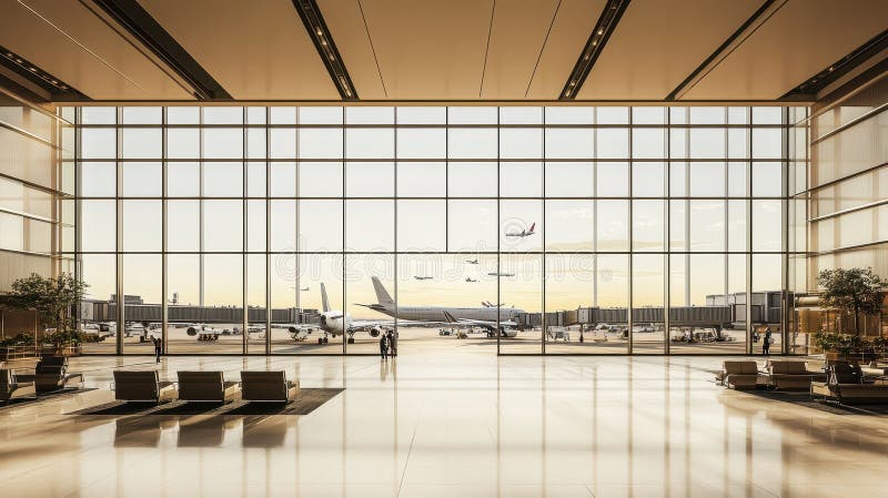 Modern Airport Interior with Large Glass Windows and Planes Visible in ...
