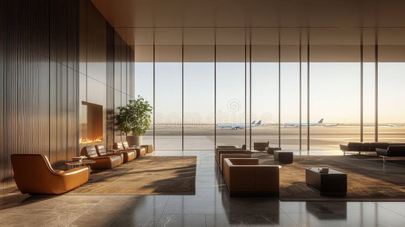 Modern Airport Lounge with Floor-to-Ceiling Windows Overlooking Runway ...