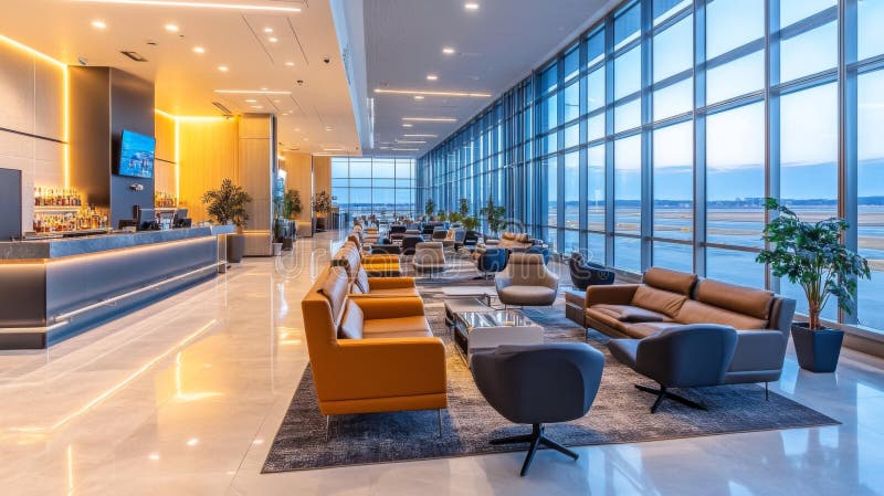 Modern Airport Lounge with Floor-to-Ceiling Windows and Seating Stock ...