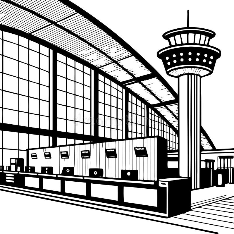 Modern Airport Terminal Building Interior with Control Tower and Check ...