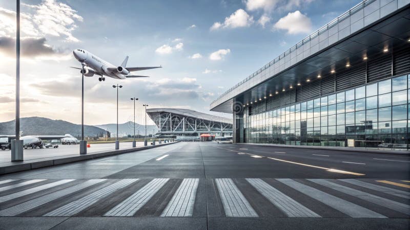 Modern Airport Terminal Building with a Plane Landing in the Background ...