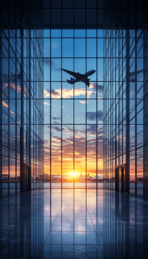 Modern Airport Terminal Interior with a Large Window, Sunset View, and ...