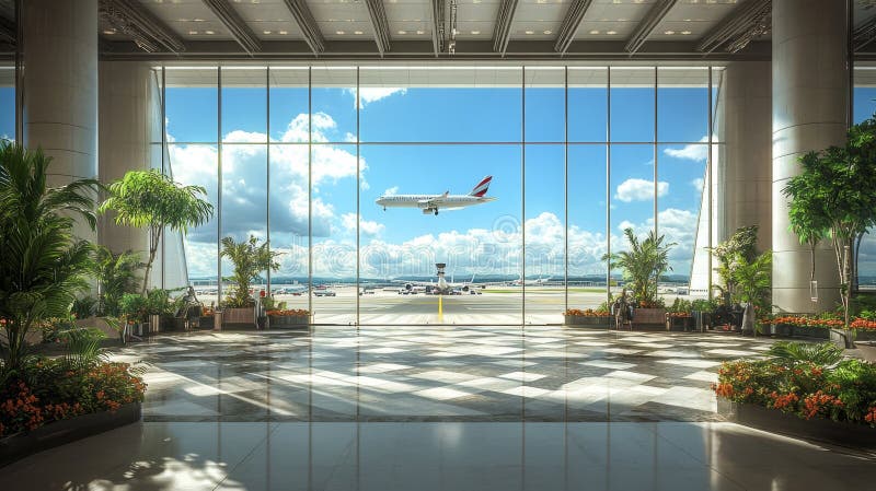 Modern Airport Terminal Interior with Large Windows, Palm Trees, and ...