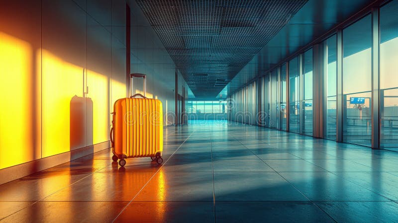 Modern Airport Terminal with Yellow Suitcase, Showcasing Minimalism and ...