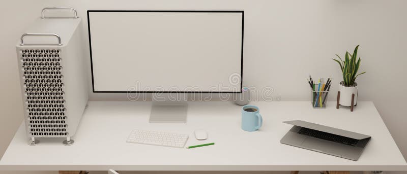 Modern All White Working Space with Desktop Computer Mock-up Stock ...