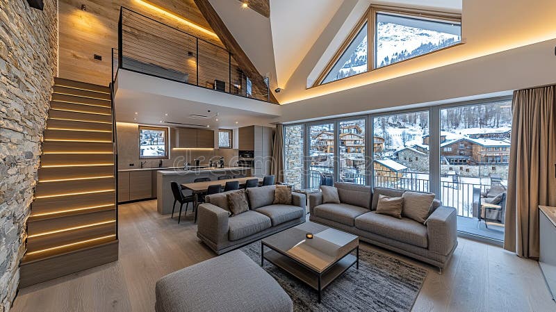 Modern Alpine Apartment Interior Stock Illustration - Illustration of ...