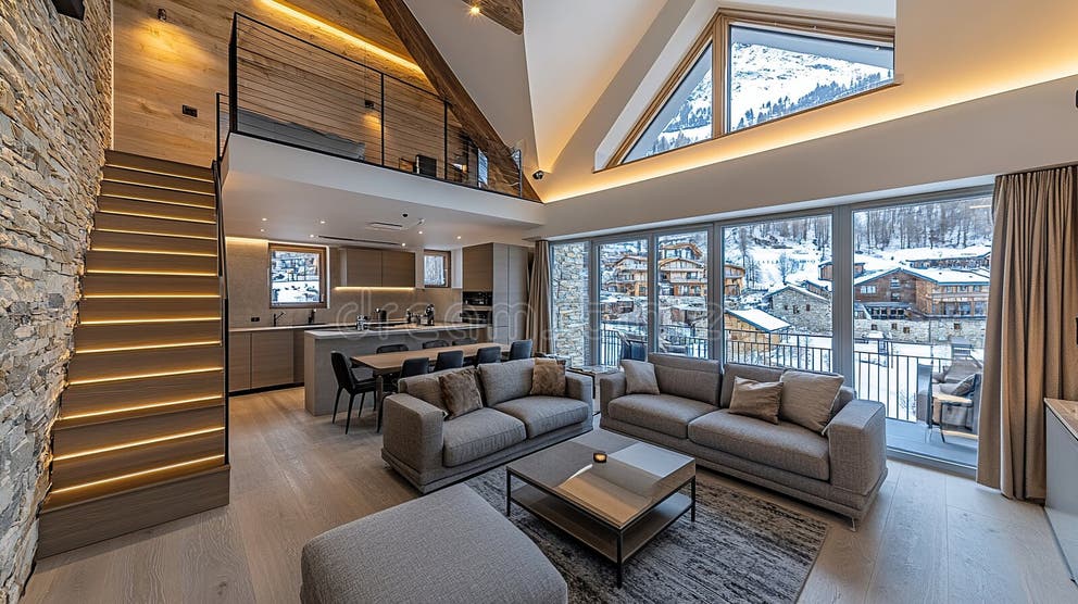 Modern Alpine Apartment Interior Stock Illustration - Illustration of ...