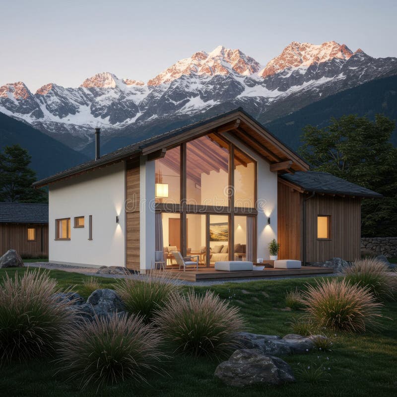 Modern Alpine House with Mountain View at Dusk Stock Illustration ...