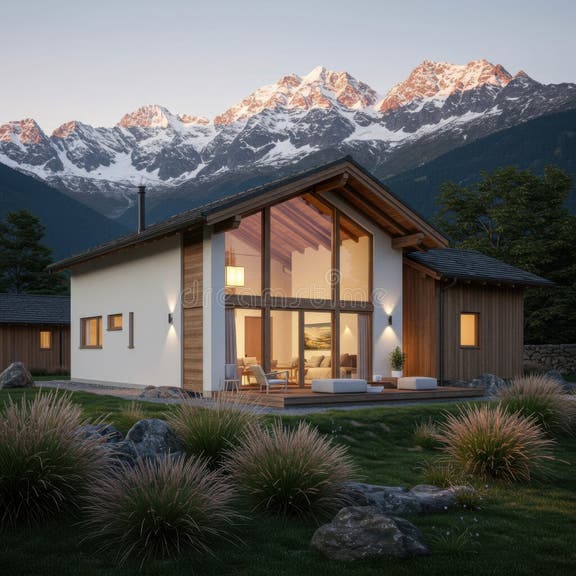 Modern Alpine House with Mountain View at Dusk Stock Illustration ...