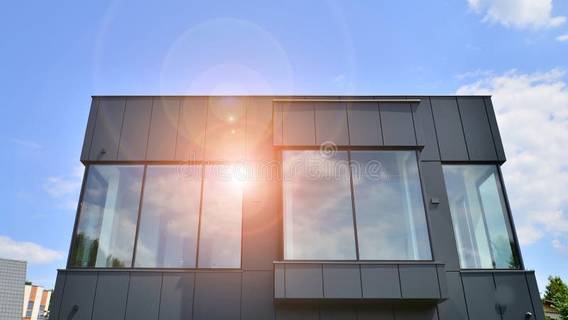 Graphite Facade and Large Windows on a Fragment of an Office Building ...