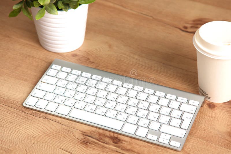 Modern Aluminum Keyboard on the Wooden Table in Stock Image - Image of ...