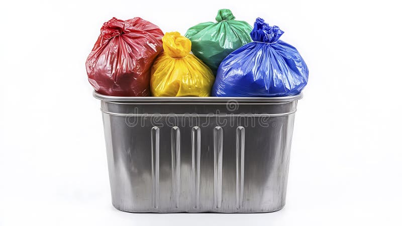 Modern Aluminum Waste Bin Holding Black Garbage Bag on White Surface ...