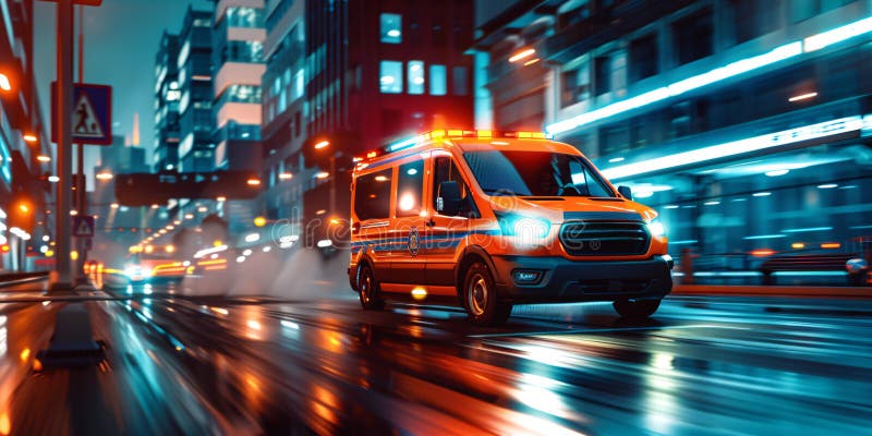 Modern Ambulance Car with Flash Lights Driving on the Street Stock ...