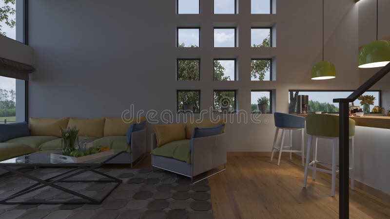 Modern American Kitchen in Dim Light Stock Illustration - Illustration ...