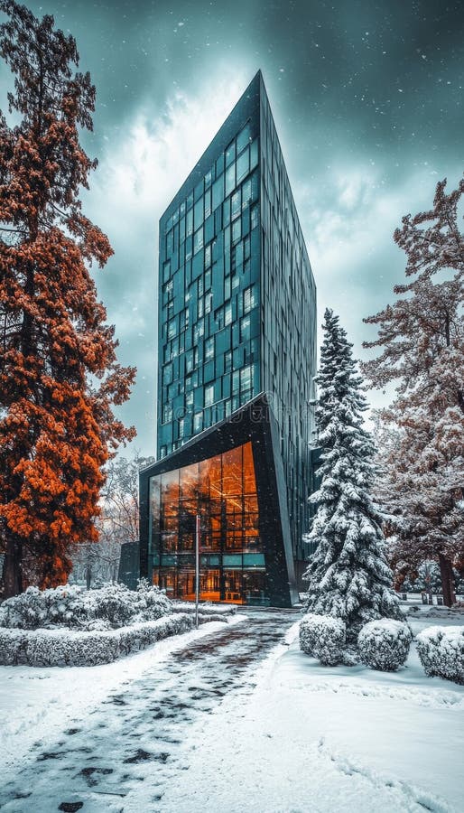 Modern Angular Building, Snowy Pathway and Trees, Contemporary ...