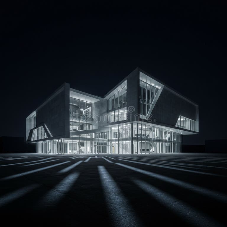 A Modern, Angular Building Stands Illuminated at Night, Featuring Large ...