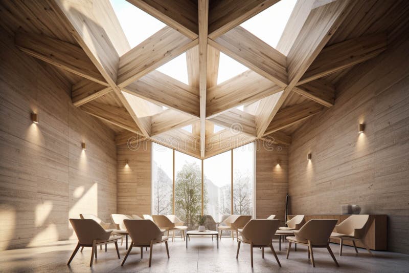 Modern Angular Constrution in Wood with Wooden Ceilings and Chairs ...